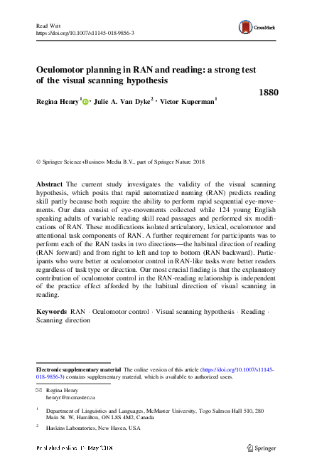 (PDF) Oculomotor planning in RAN and reading: a strong test of the ...