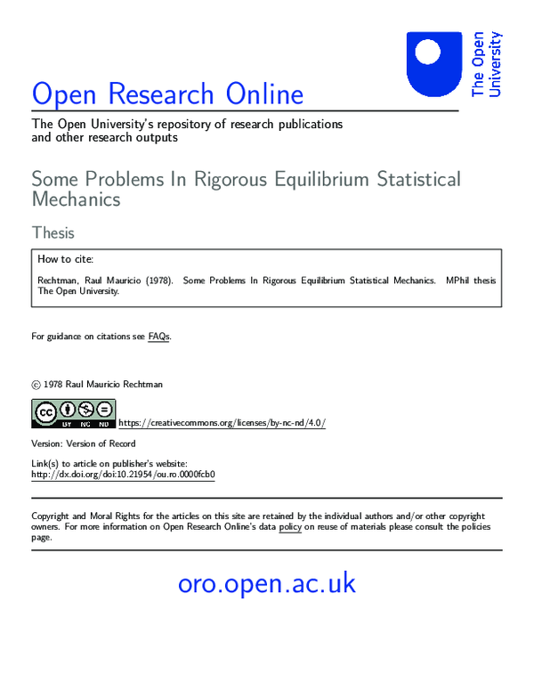 (PDF) Some Problems In Rigorous Equilibrium Statistical Mechanics
