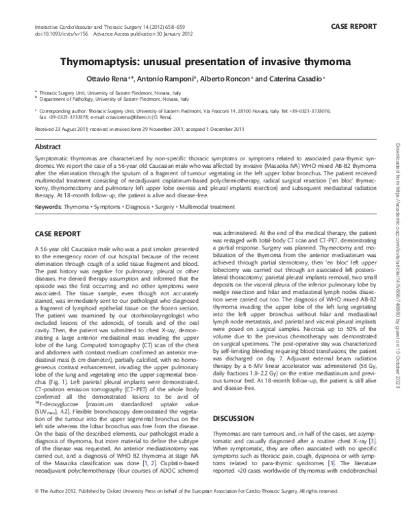 (PDF) Thymomaptysis: unusual presentation of invasive thymoma