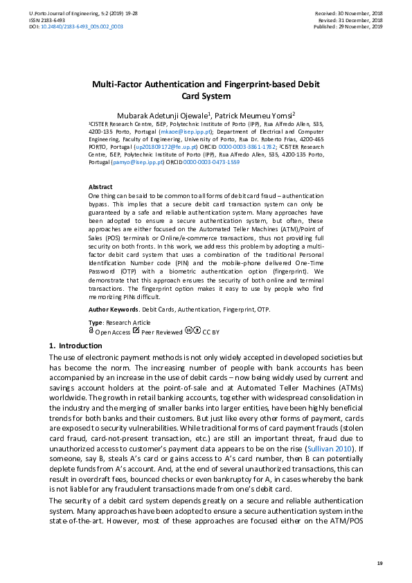(PDF) Multi-Factor Authentication and Fingerprint-based Debit Card System