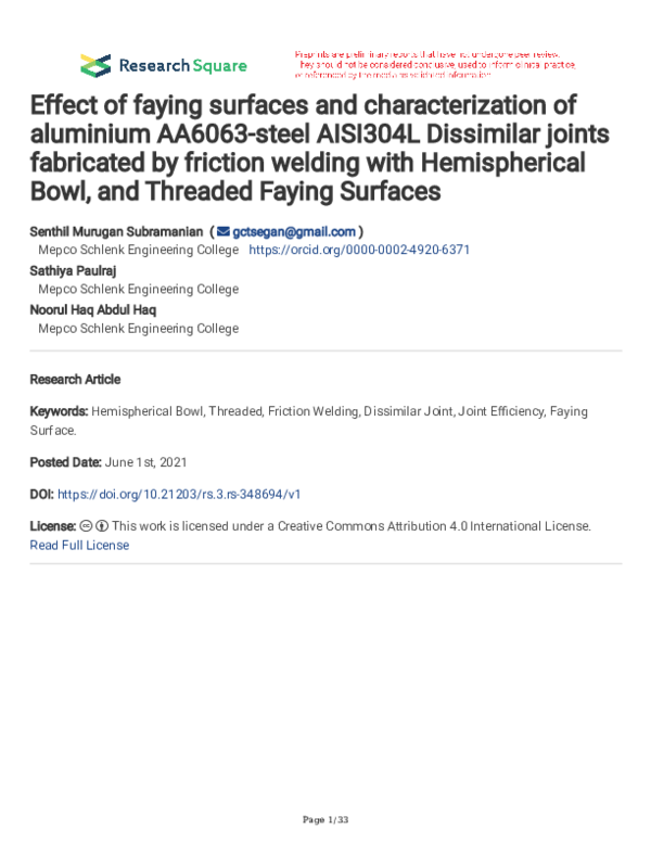 (PDF) Effect of faying surfaces and characterization of aluminium AA6063–steel AISI304L ...