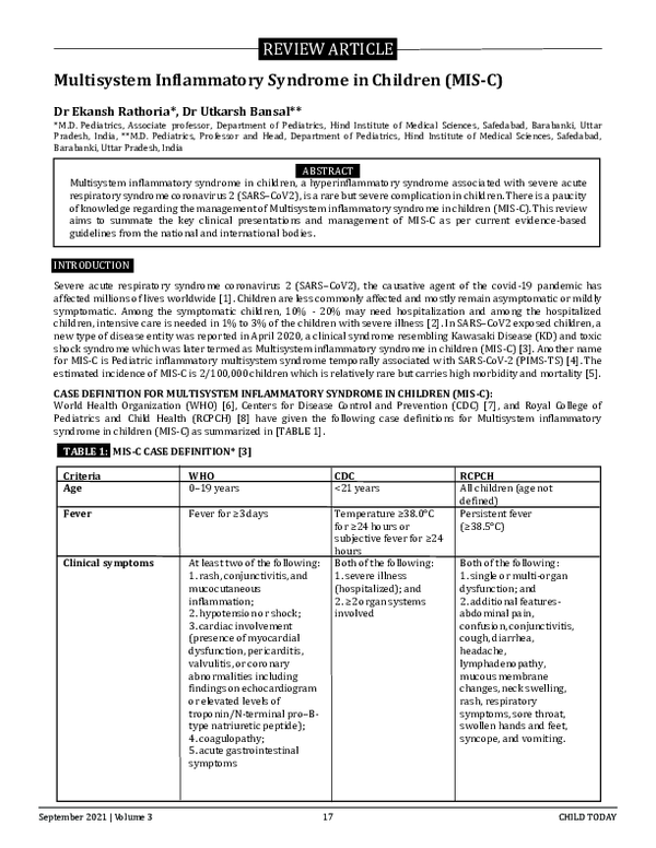 (PDF) Multisystem Inflammatory Syndrome in Children (MIS-C)