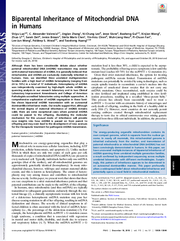 (PDF) Biparental Inheritance of Mitochondrial DNA in Humans