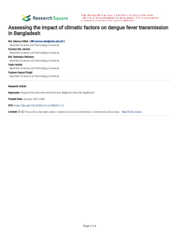(PDF) Impact of Climatic Factors on Dengue Transmission in Bangladesh