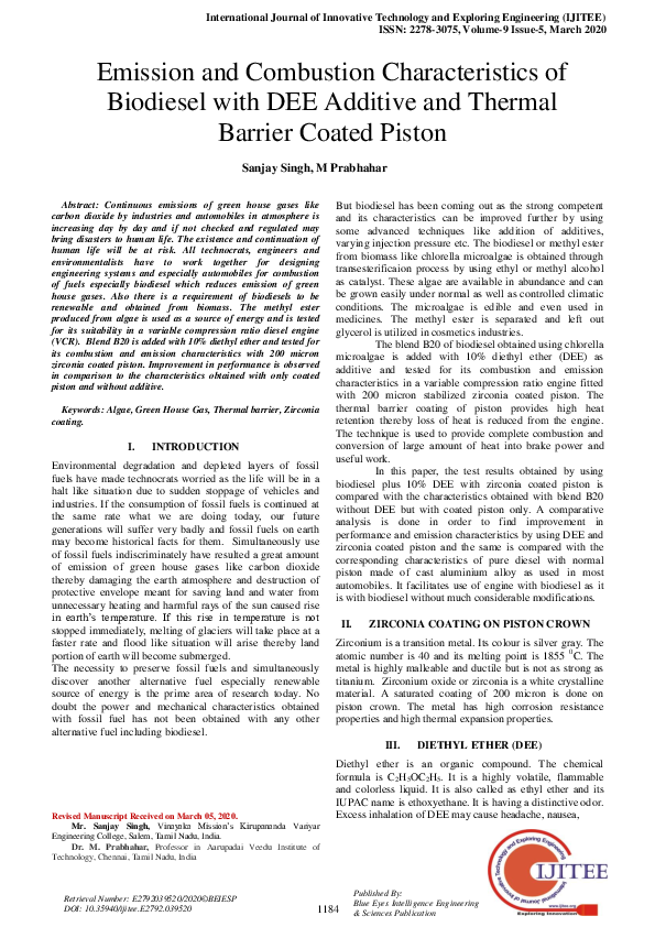 (PDF) Emission and Combustion Characteristics of Biodiesel