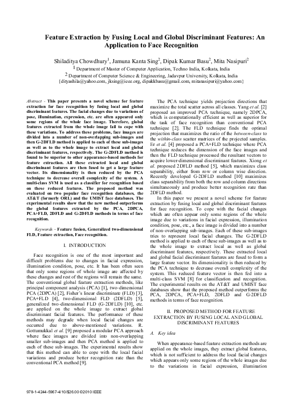 Pdf Feature Extraction By Fusing Local And Global Discriminant Features An Application To