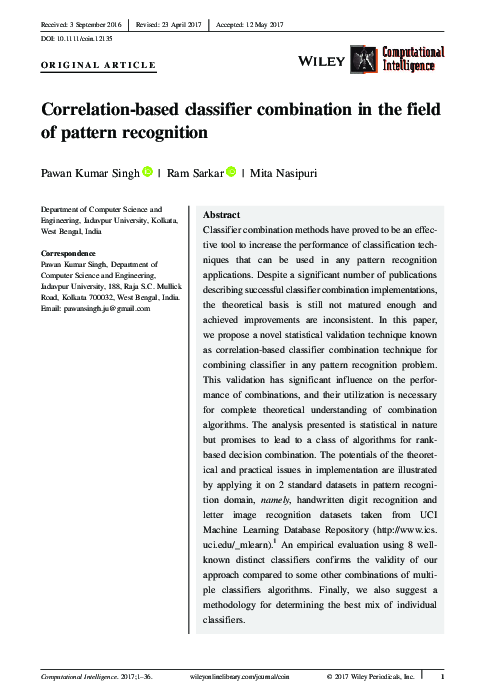 Pdf Correlation Based Classifier Combination In The Field Of Pattern