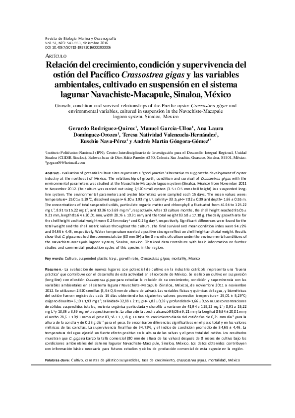 (PDF) Relación del crecimiento, condición y supervivencia del ostión ...