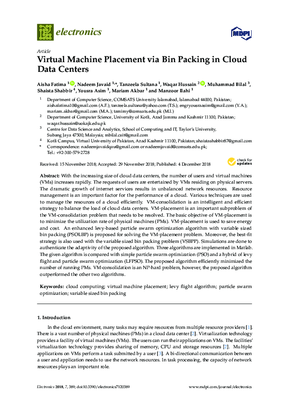(PDF) Virtual Machine Placement via Bin Packing in Cloud Data Centers