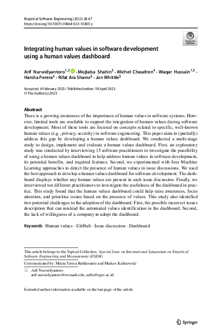 (PDF) Integrating human values in software development using a human values dashboard