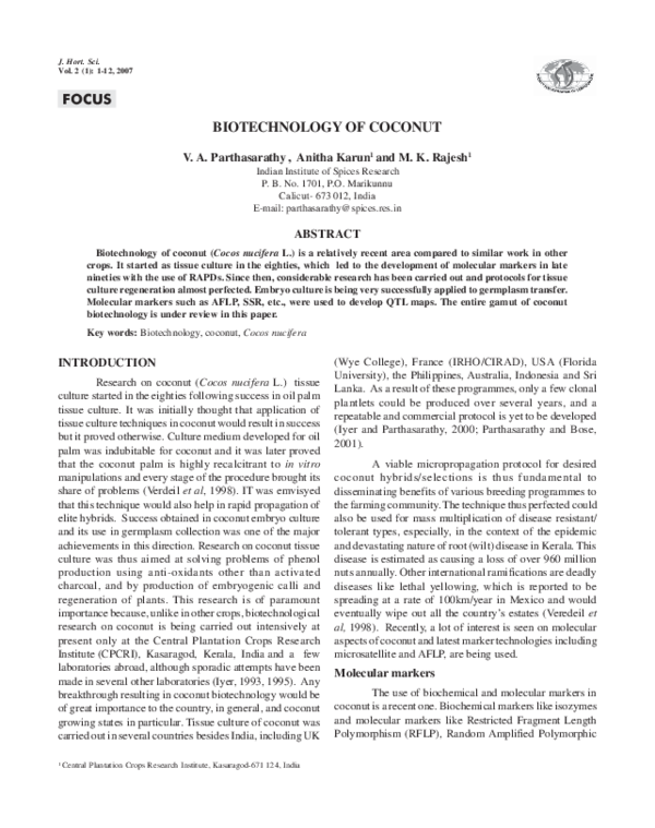 (PDF) Biotechnology of Coconut
