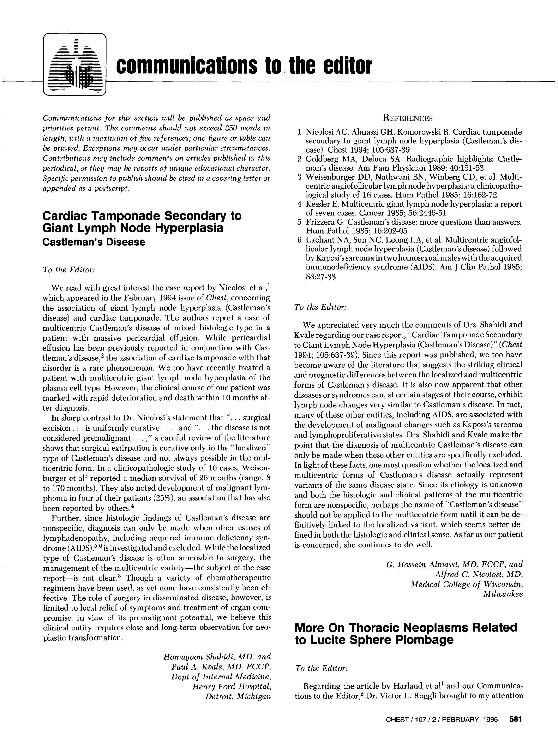 (PDF) Cardiac Tamponade Secondary to Giant Lymph Node Hyperplasia: To ...
