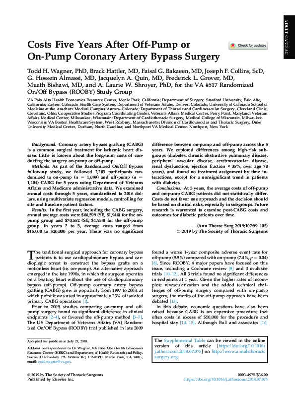 (PDF) Costs Five Years After Off-Pump or On-Pump Coronary Artery Bypass ...