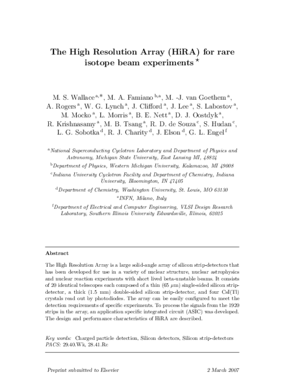 (PDF) The high resolution array (HiRA) for rare isotope beam experiments | George Engel ...