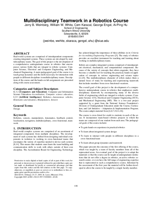 (PDF) Multidisciplinary teamwork in a robotics course