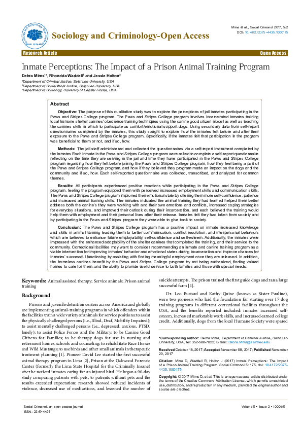 (PDF) Inmate Perceptions: The Impact of a Prison Animal Training Program