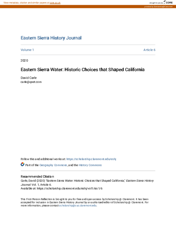(PDF) Eastern Sierra Water: Historic Choices that Shaped California