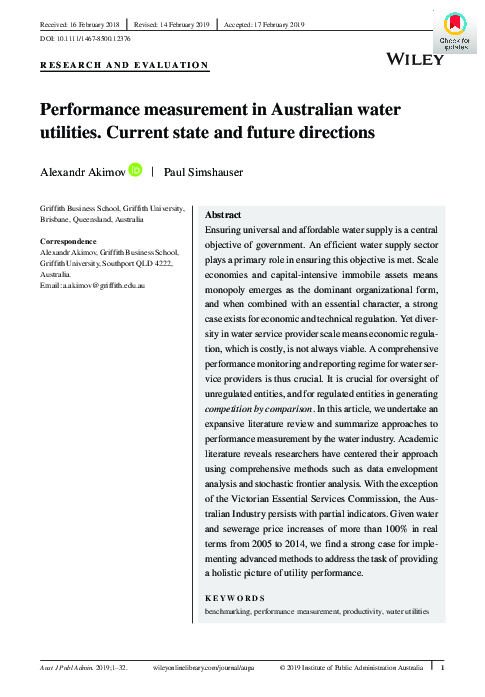 (PDF) Performance measurement in Australian water utilities: Current ...