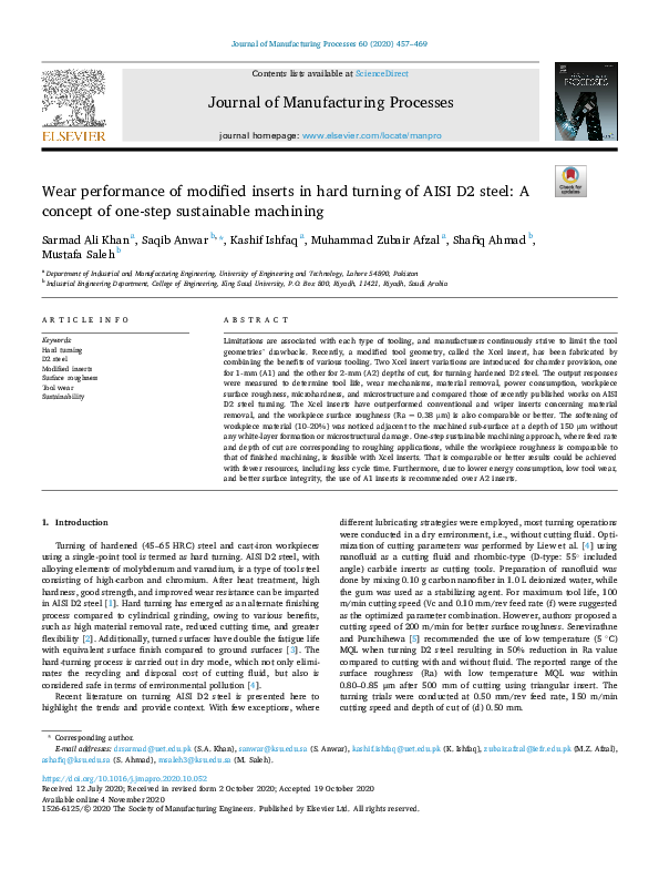 (PDF) Wear performance of modified inserts in hard turning of AISI D2 ...