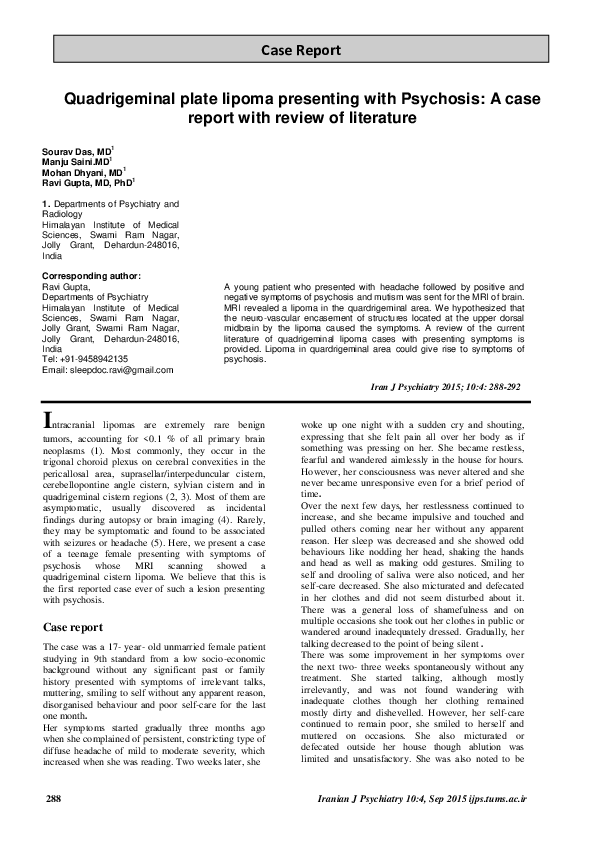 (PDF) Quadrigeminal plate lipoma presenting with Psychosis: A case ...