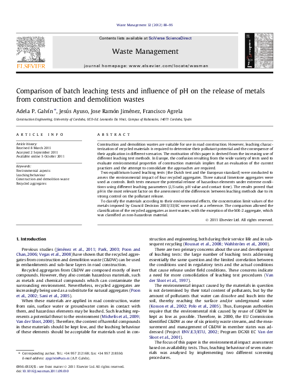 (PDF) Comparison of batch leaching tests and influence of pH on the ...