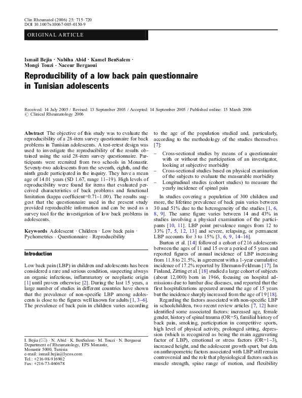 (PDF) Reproducibility of a low back pain questionnaire in Tunisian ...