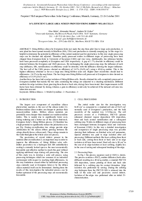 (PDF) 15% Efficient Large Area Screen Printed String Ribbon Solar Cells ...