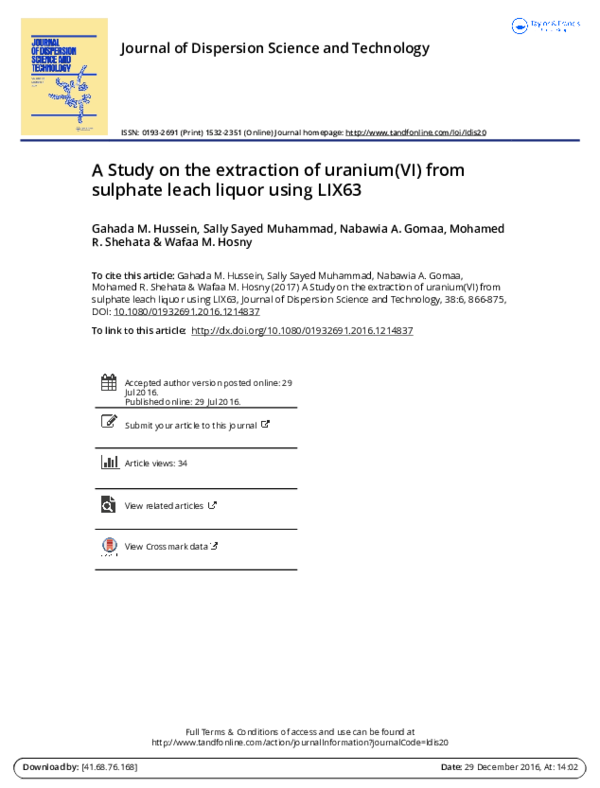 (PDF) A Study on the extraction of uranium(VI) from sulphate leach liquor using LIX63