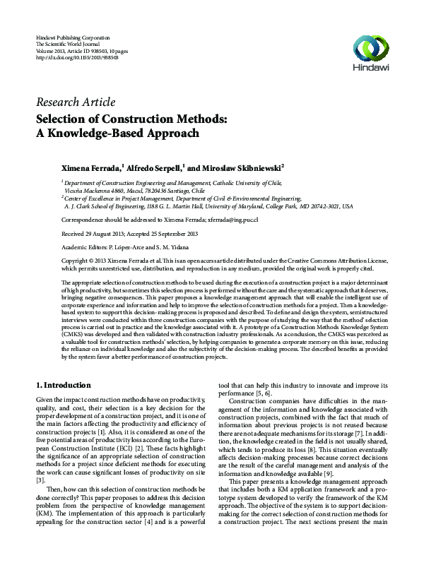(PDF) Selection of Construction Methods: A Knowledge-Based Approach