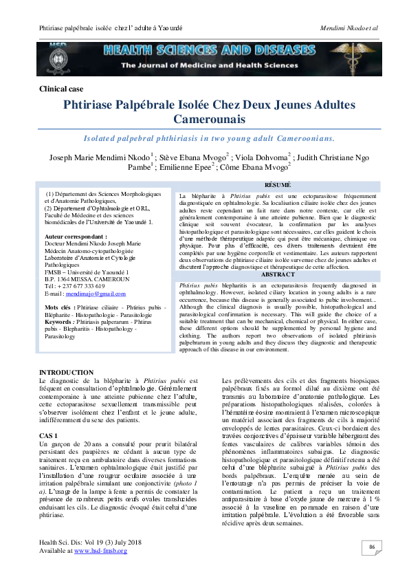 (PDF) Approche diagnostique et thérapeutique de la phtiriase palpébrale ...