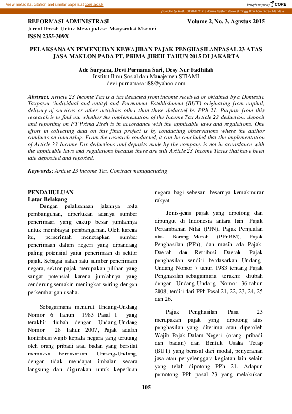 (PDF) Pelaksanaan Pemenuhan Kewajiban Pajak Penghasilanpasal 23 Atas ...