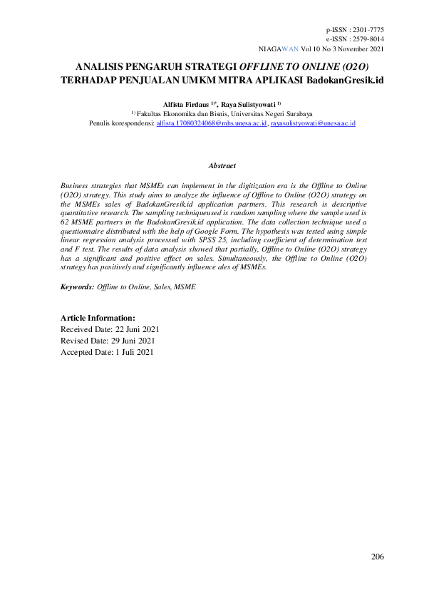 (PDF) Analisis Pengaruh Strategi Offline to Online (O2O) Terhadap Penjualan Umkm Mitra Aplikasi ...