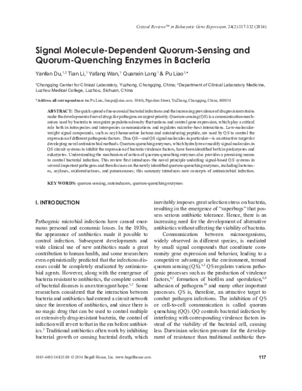(PDF) Signal Molecule-dependent Quorum Sensing and Quorum Quenching ...