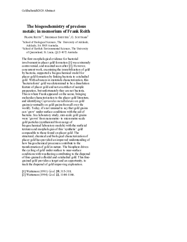(PDF) The Biogeochemistry of Precious Metals; in Memorium of Frank Reith