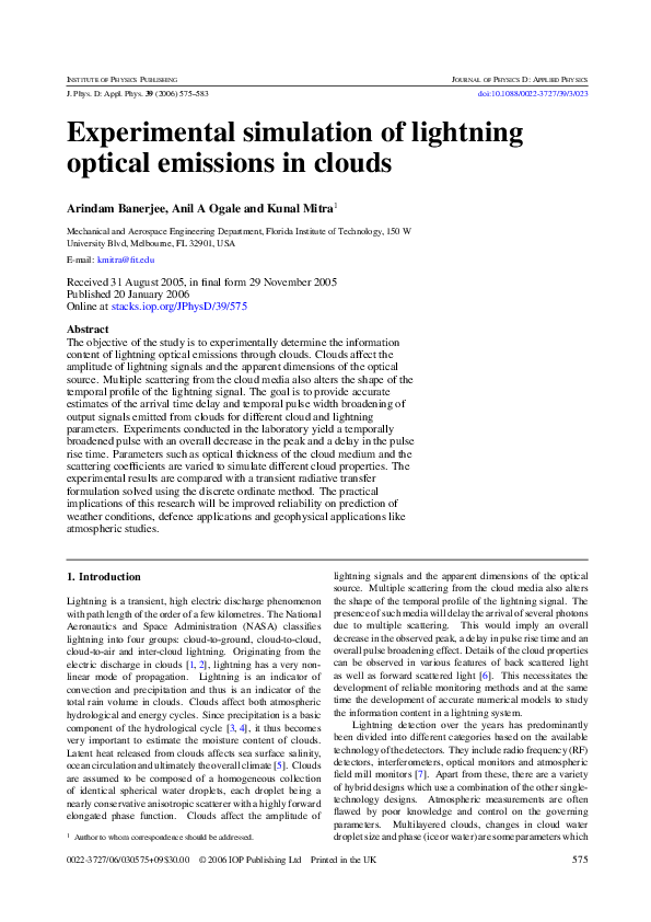 (PDF) Experimental simulation of lightning optical emissions in clouds