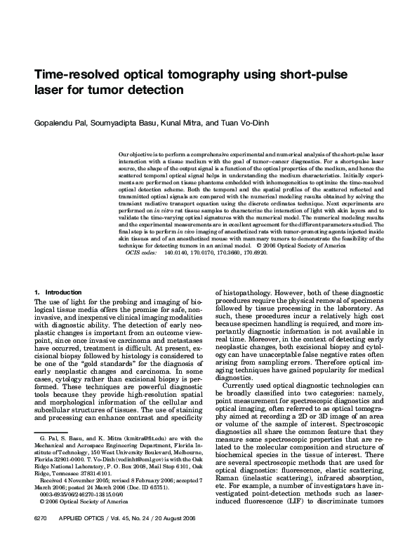 Pdf Time Resolved Optical Tomography Using Short Pulse Laser For Tumor Detection Kunal Mitra