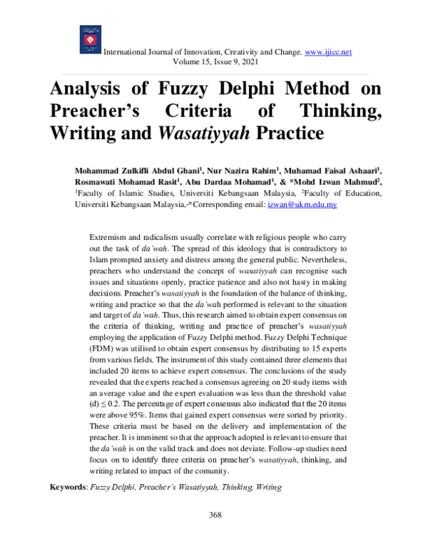 (PDF) Analysis of Fuzzy Delphi Method on Preacher’s Criteria of Thinking, Writing and Wasatiyyah ...