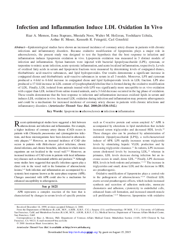(PDF) Infection and Inflammation Induce LDL Oxidation In Vivo