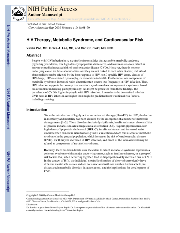 (PDF) HIV therapy, metabolic syndrome, and cardiovascular risk