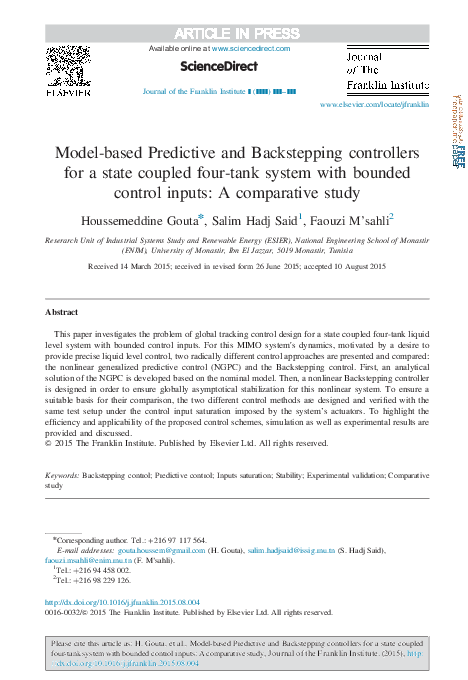 (PDF) Model-based Predictive and Backstepping controllers for a state coupled four-tank system ...
