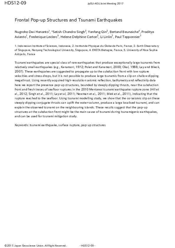 (PDF) Frontal Pop-up Structures and Tsunami Earthquakes