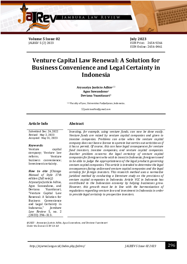 (PDF) Venture Capital Law Renewal: A Solution for Business Convenience ...