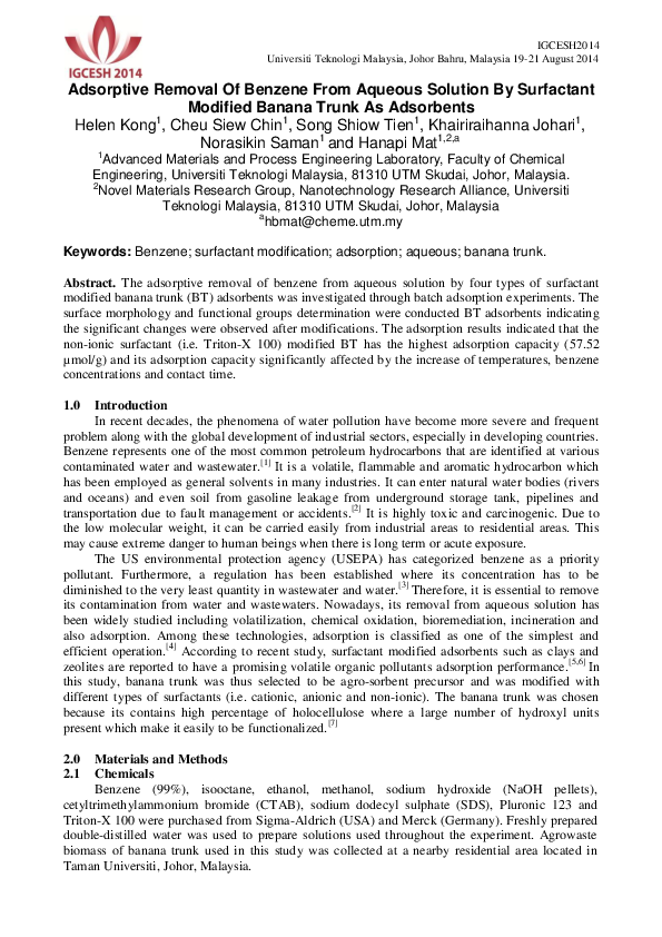 (PDF) Adsorptive removal of benzene from aqueous solution by surfactant modified banana trunk as ...