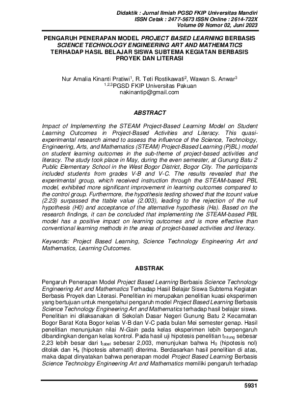 (PDF) Pengaruh Penerapan Model Project Based Learning Berbasis Science Technology Engineering ...