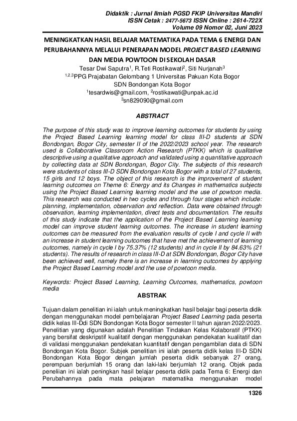 (PDF) Meningkatkan Hasil Belajar Matematika Pada Tema 6 Energi Dan Perubahannya Melalui ...