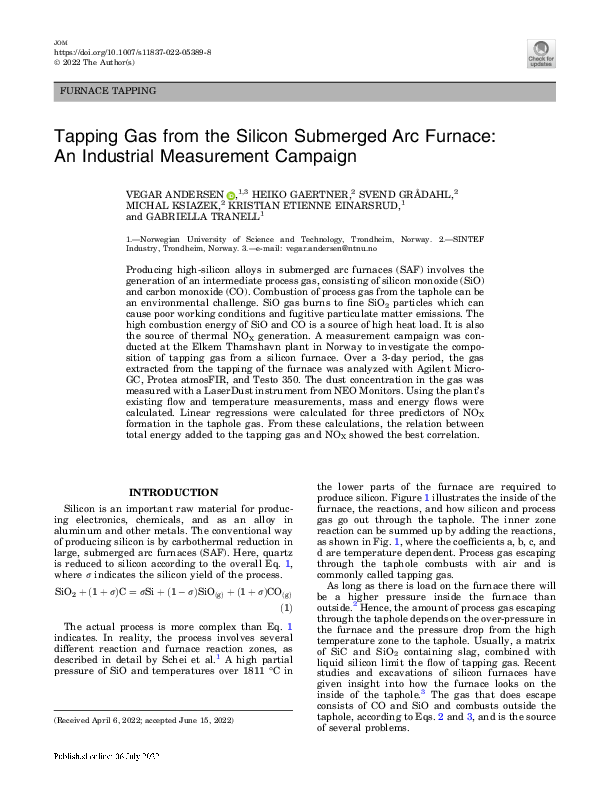 (PDF) Tapping Gas from the Silicon Submerged Arc Furnace: An Industrial ...