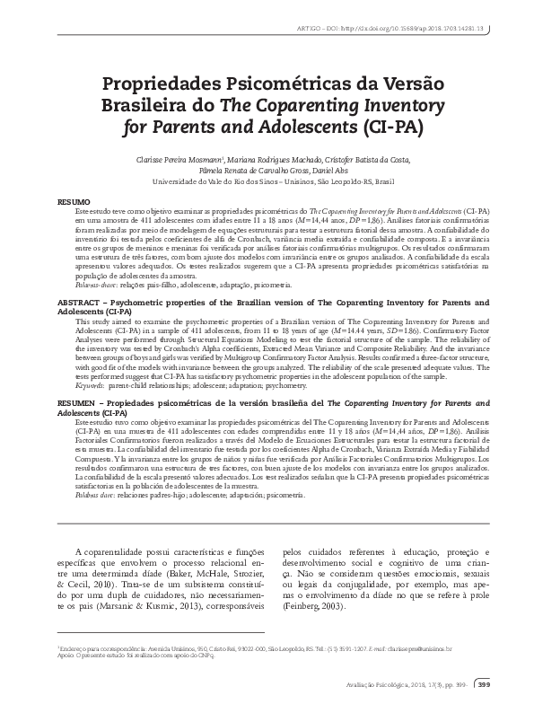 (PDF) Psychometric properties of the brazilian version of the coparenting inventory for parents ...