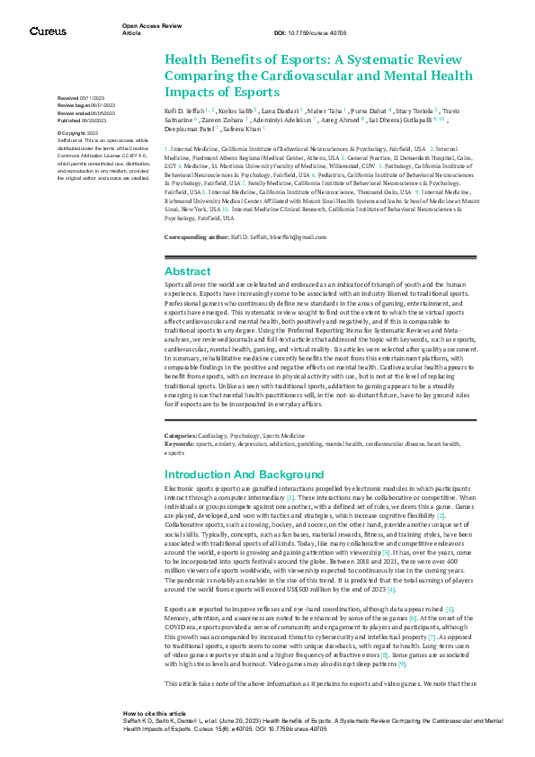 (PDF) Health Benefits of Esports: A Systematic Review Comparing the ...