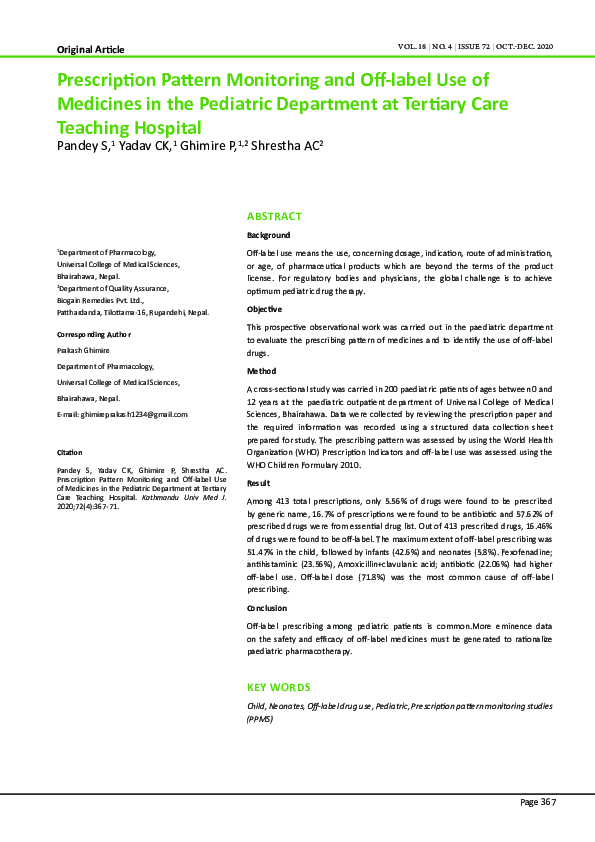 (PDF) Prescription Pattern Monitoring and Off-label Use of Medicines in ...