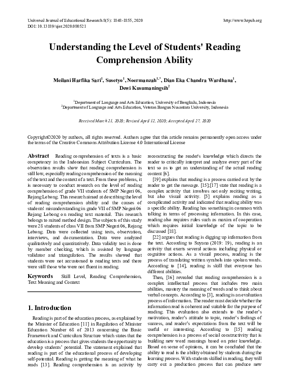 (PDF) Understanding the Level of Students' Reading Comprehension Ability